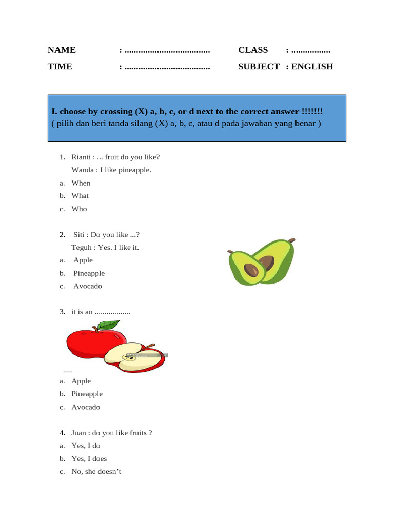 Soal English Sem 1 Kelas II SDN 015 Bukit Gajah | PDF | Tropical Fruit ...