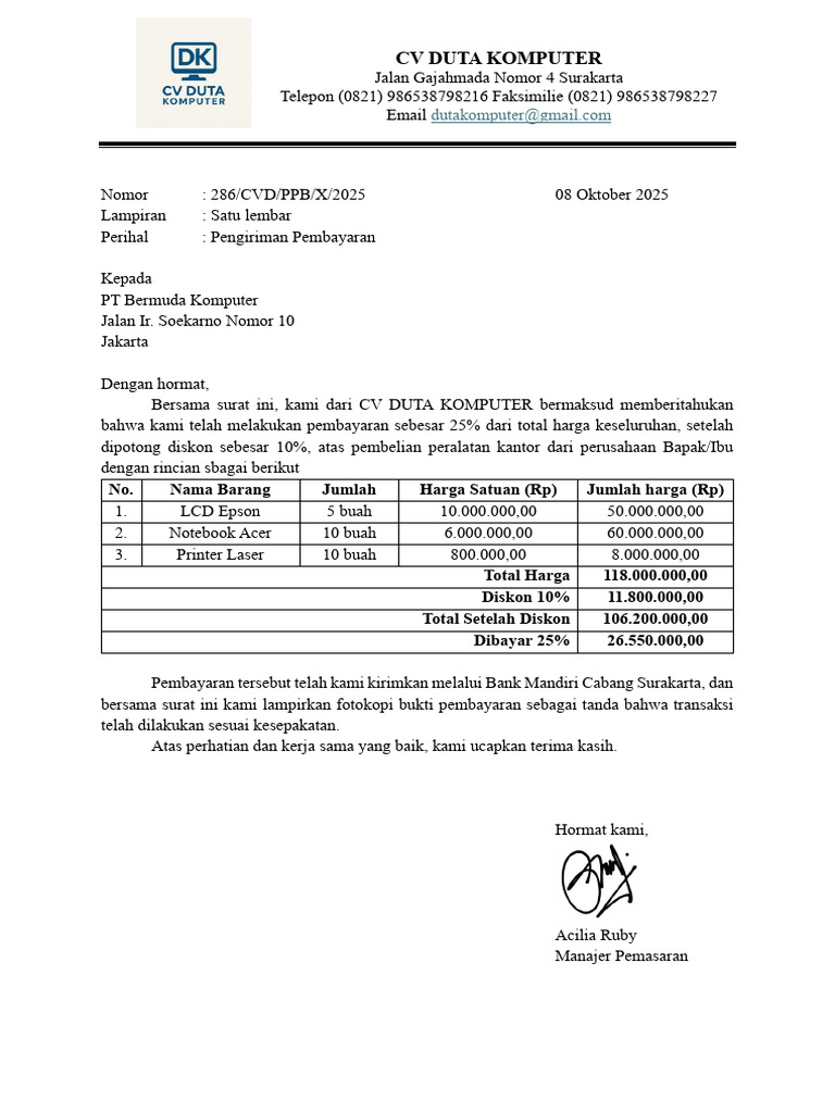 Surat Pengiriman Pembayaran (Semi Block Style) | PDF