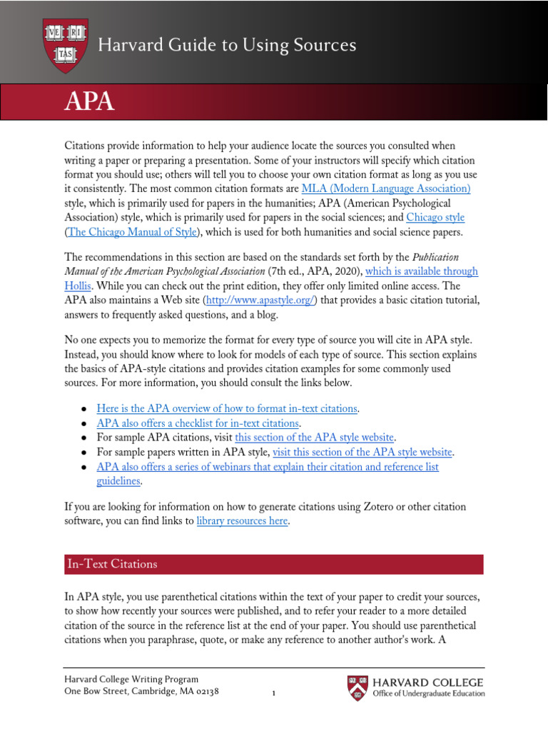 Harvard Guide to Using Sources - APA | PDF | Apa Style | Citation
