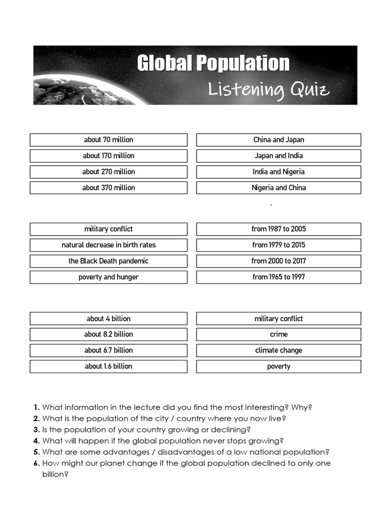 Advanced - Global Population - Quiz | PDF | World Population ...