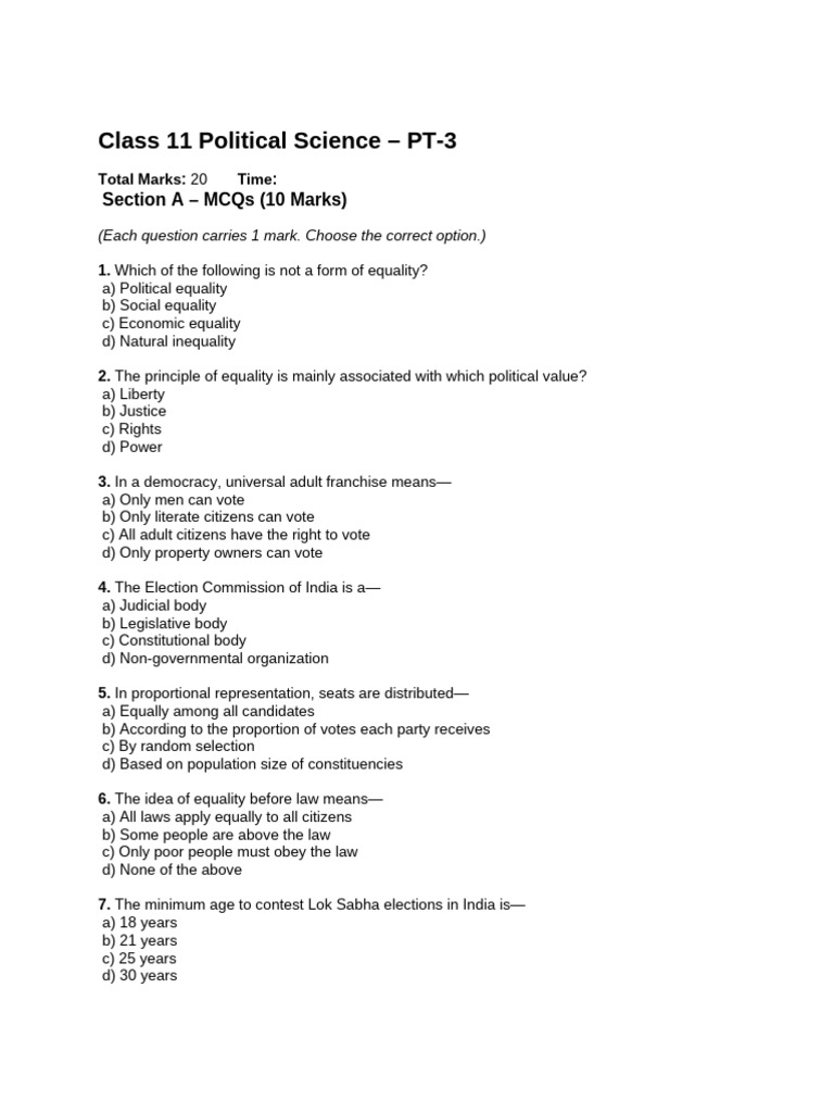 Class 11 Political Science Equality Quiz | PDF