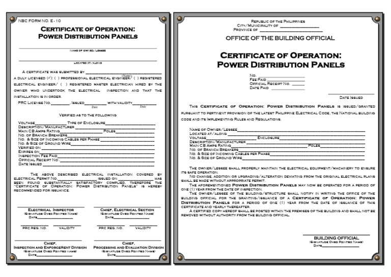 Certificate of Operation Power Distribution Panels | PDF | Electrician