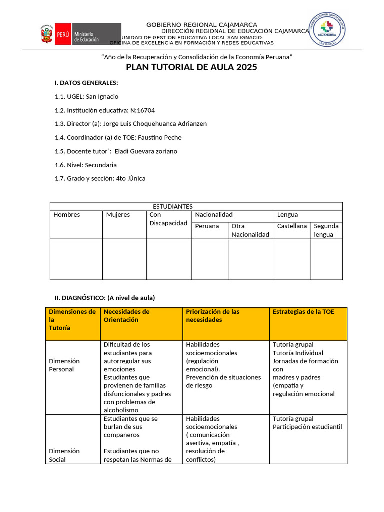Plan Tutorial de Aula 2025 en San Ignacio | PDF | Las emociones ...