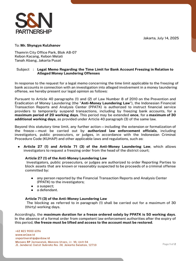 Legal Memo on Bank Account Freezing Limits | PDF | Money Laundering ...