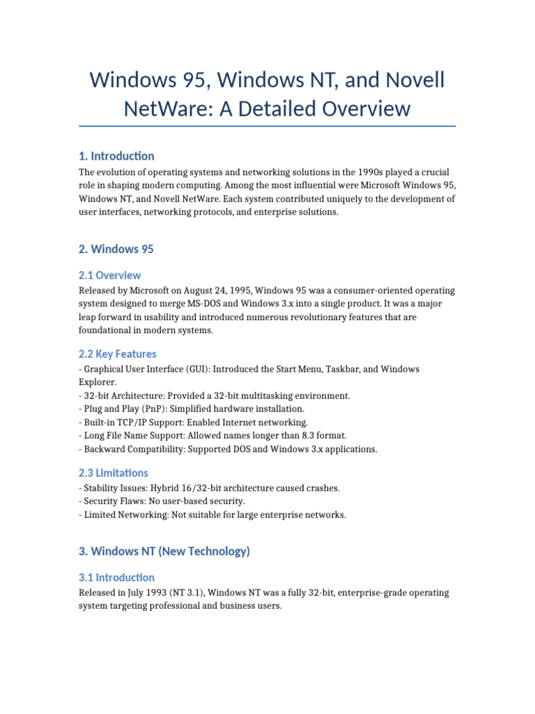 Windows95 WindowsNT NovellNetWare DetailedOverview | PDF | Microsoft Windows | Windows Nt