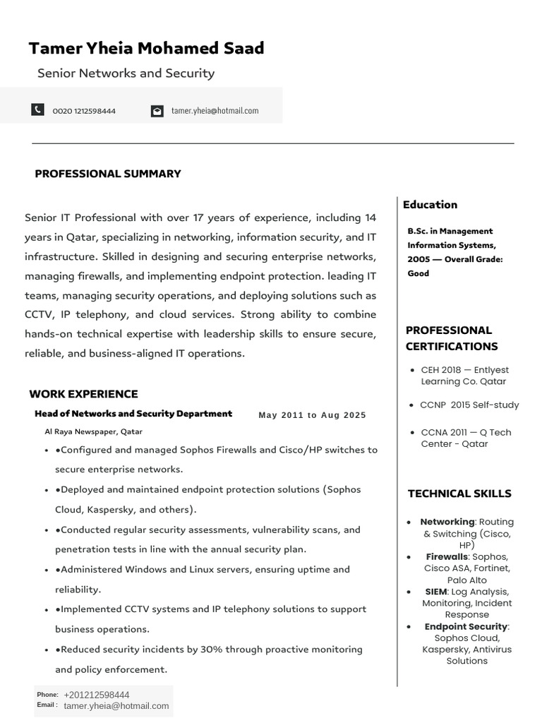 Tamer Yheia CV en | PDF | Computer Network | Voice Over Ip