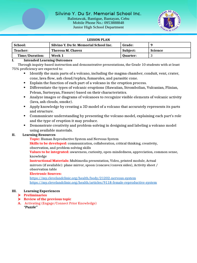 LESSON PLAN - 3rd - Week 1 & 2 | PDF | Volcano | Lava