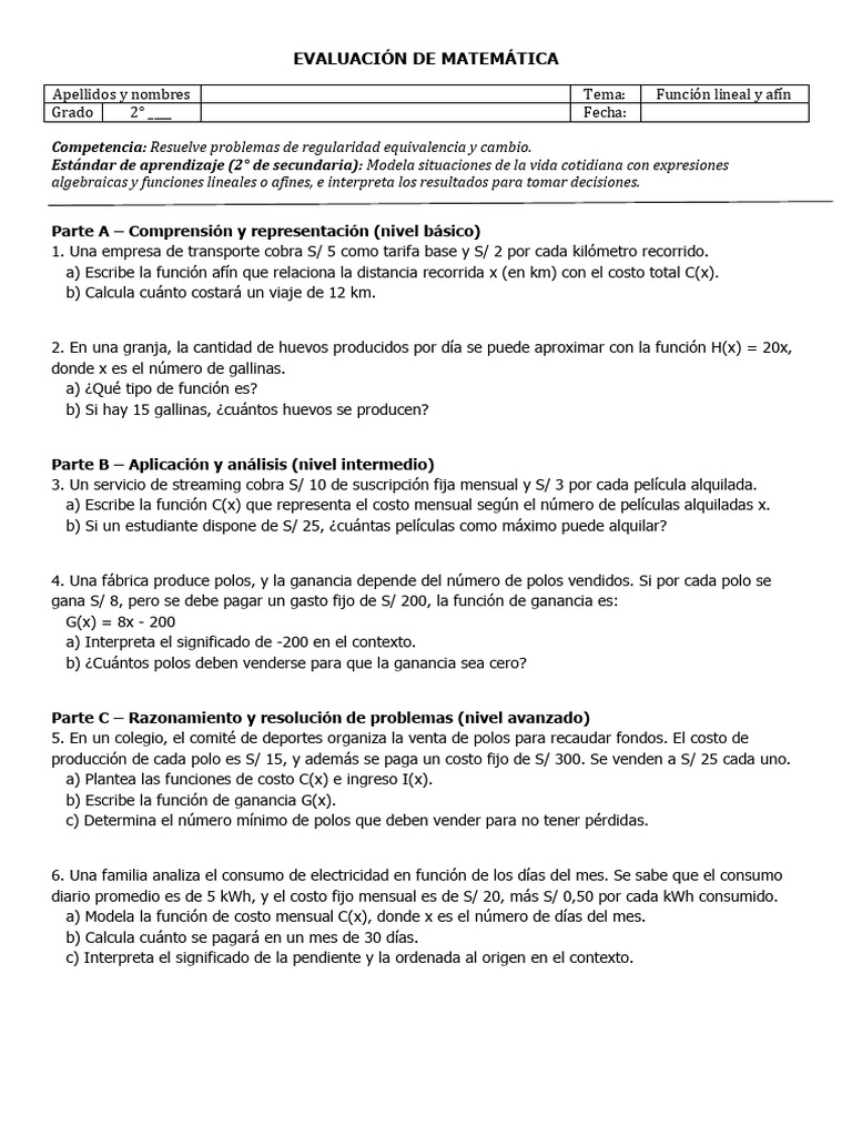 Examen de Matemática | PDF | Función (Matemáticas)