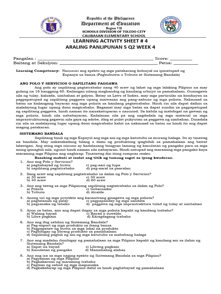 Learning Activity Sheet # 4 Araling Panlipunan 5 Q2 Week 4: Department ...
