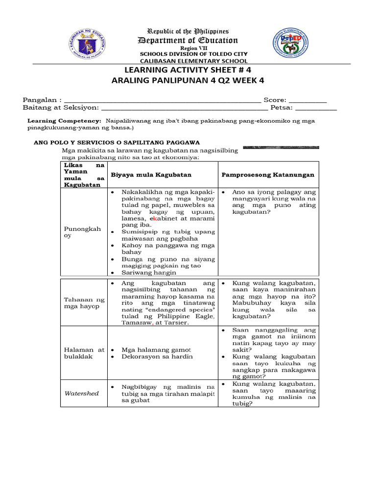 Learning Activity Sheet # 4 Araling Panlipunan 4 Q2 Week 4: Department ...