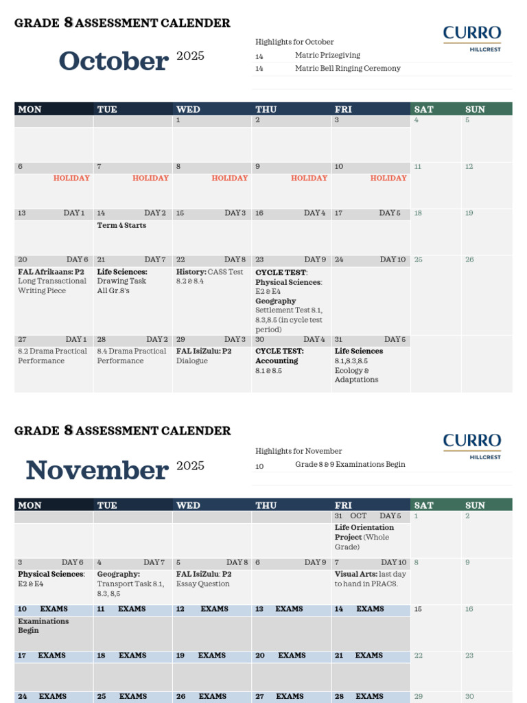 Grade 8 Assessment Calendar 2025 | PDF | Tests | Schools