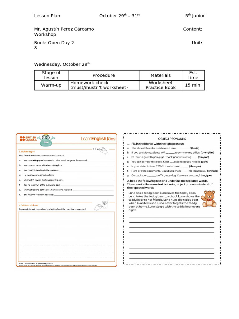 5th Grade ESL Lesson Plan: Oct 29-31 | PDF