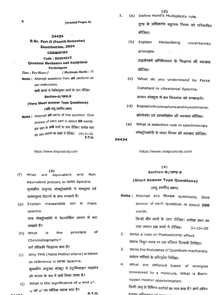 BSC 4 Sem Chemistry Quantum Mechanics and Analytical Techniques 24424 ...