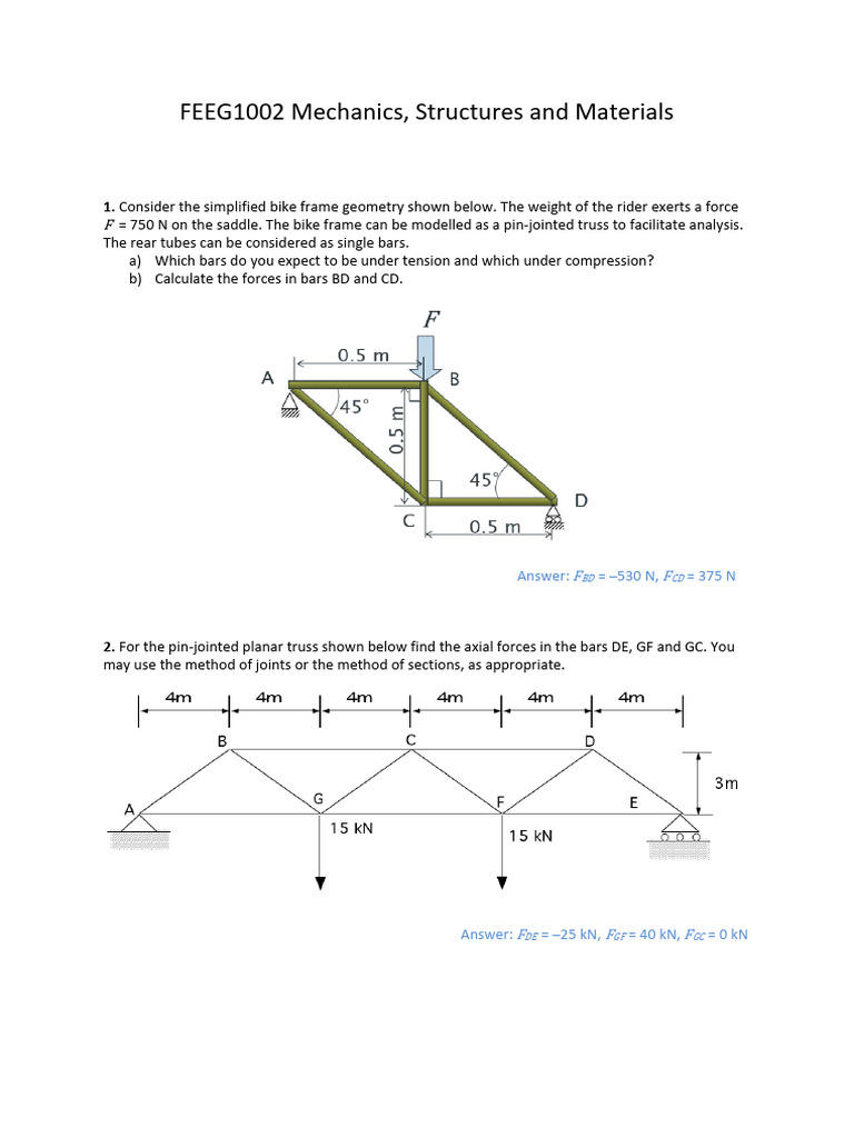 Statics 1 - Problem - Sheet 2 - Trusses | PDF