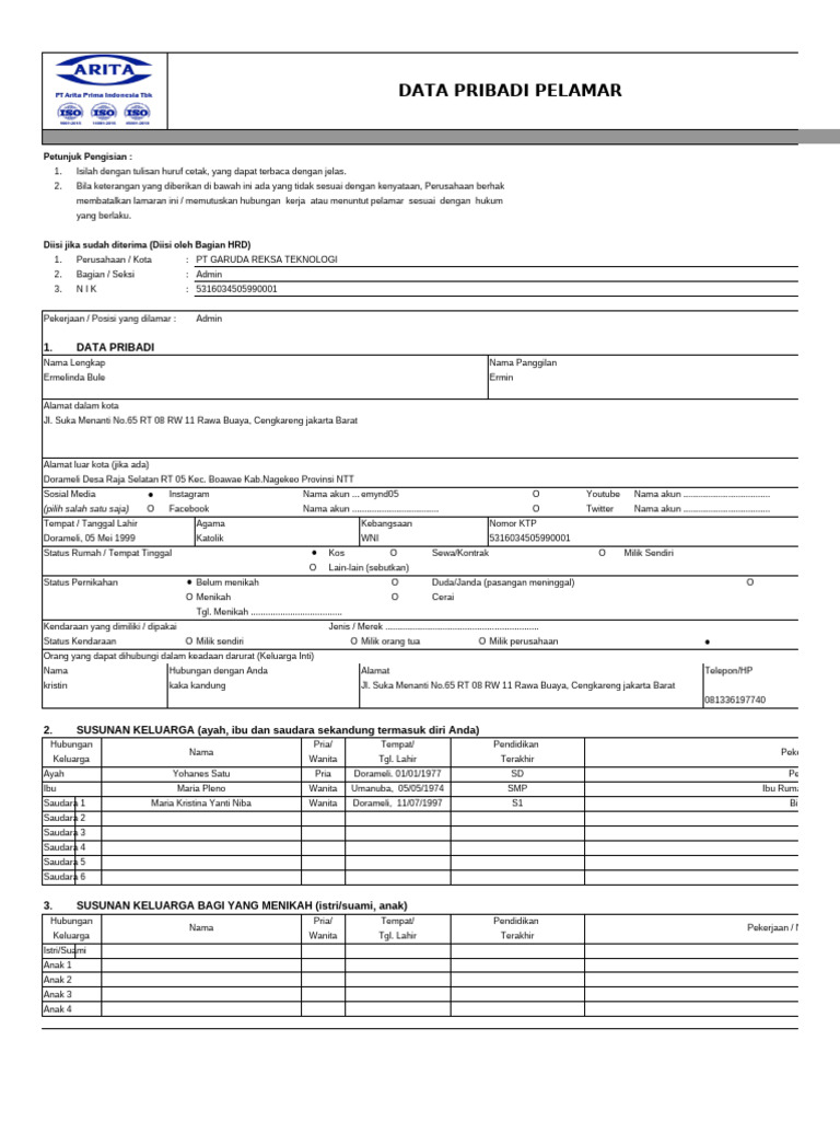 Formulir Data Pribadi Pelamar Admin | PDF
