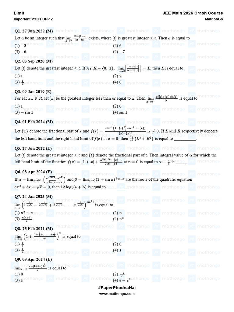 Limit Problems and Solutions for JEE | PDF | Mathematical Concepts ...