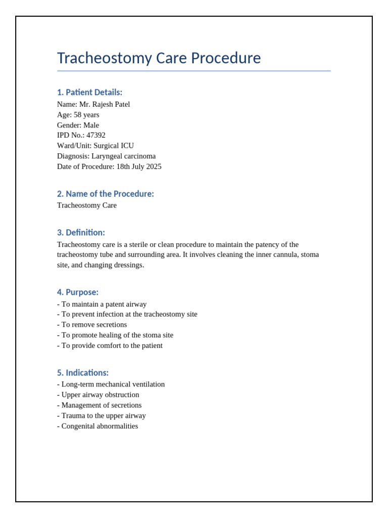 Tracheostomy Care Procedure Guide | PDF | Medical Specialties ...