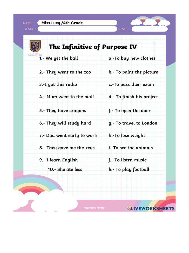 Infinitive of Purpose 4th Grader | PDF