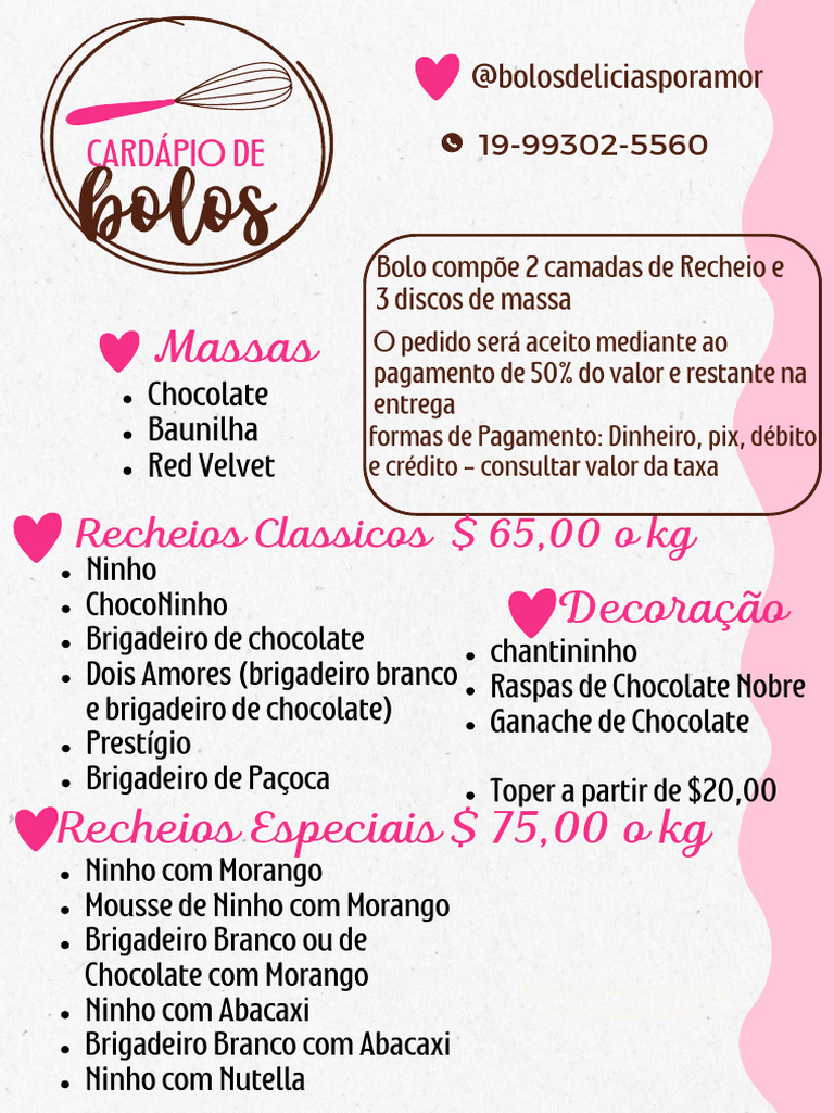 Cardápio de bolos moderno rosa marrom menu.pdf | PDF