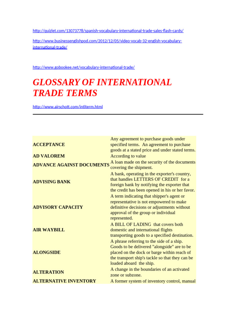 Glossary of International Trade Vocabulary | PDF | Letter Of Credit ...