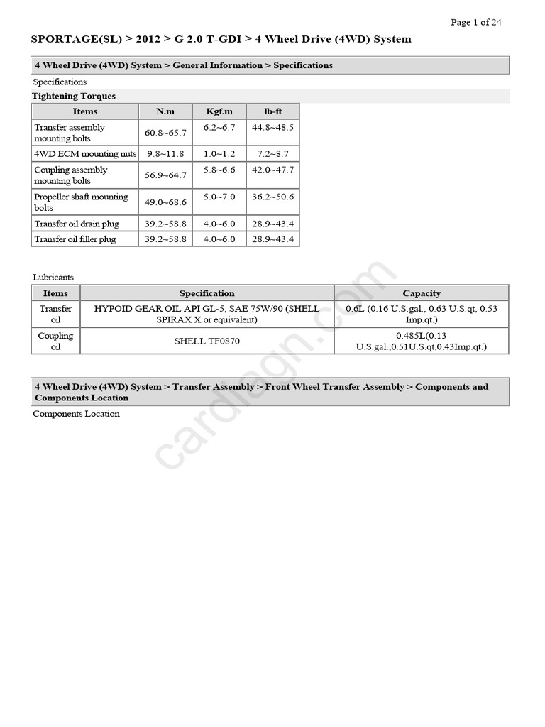 2012 Sportage 4WD System Specs & Repair | PDF | Four Wheel Drive | Clutch