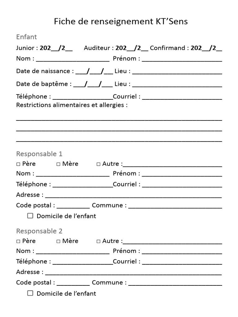 Fiche de renseignement KT’Sens Enfant | PDF | Médecine | Soins de santé
