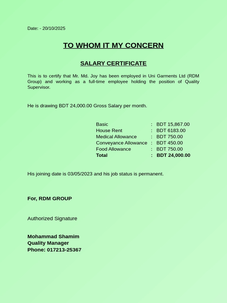 To Whom It My Concern: Salary Certificate | PDF