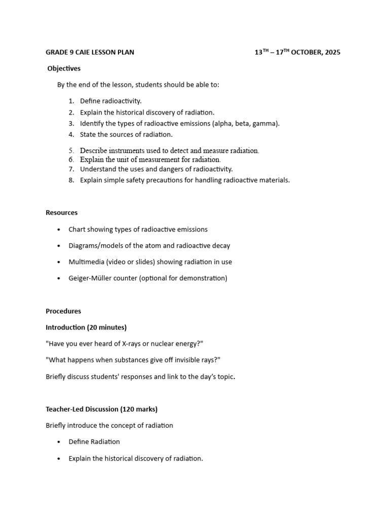 Grade 9 Us Chemistry Lesson Plan - Week 9 | PDF | Radiation ...