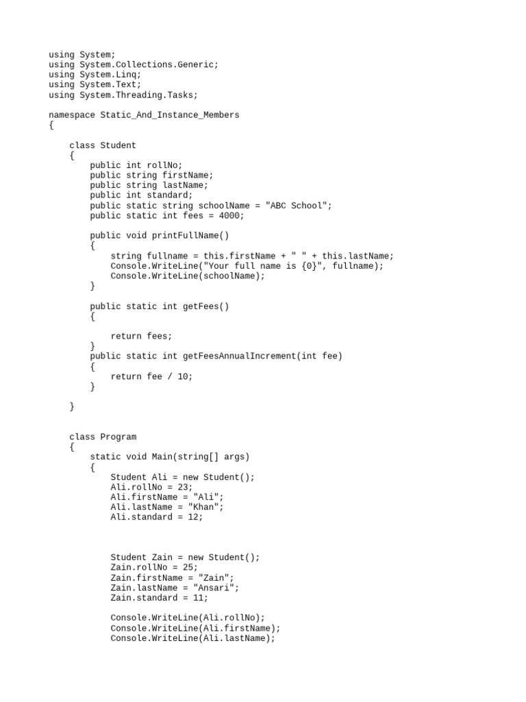 Instance and Static Members C# Code | PDF