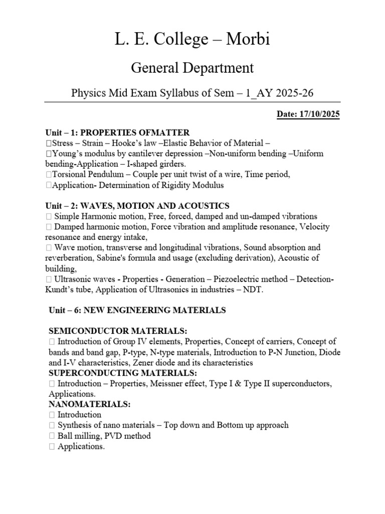 Physics Mid Exam Syllabus_Sem 1_AY 2025-26 | PDF