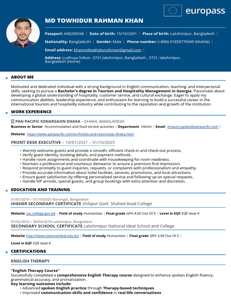 Europass CV of (MD TOWHIDUR RAHMAN KHAN) | PDF | English Language | Fluency