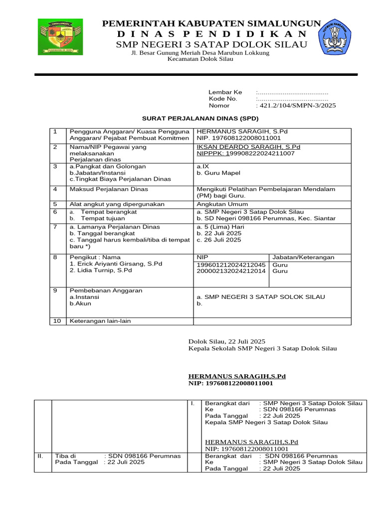 sppd smpn 3 satap perbaikan | PDF