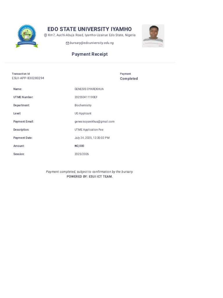 GENESIS OYAREKHUA UTME Application Fee Fee Reciept - Edo State ...