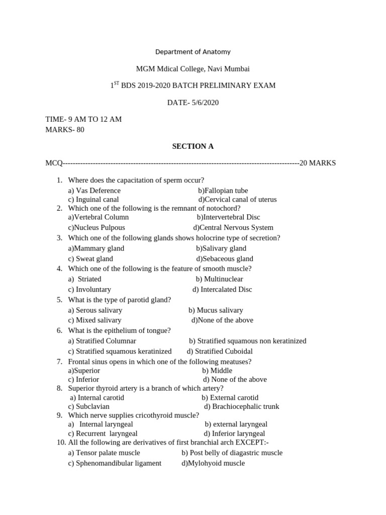 1st Bds 2019 Online Exam Question Paper | PDF | Epithelium | Common ...