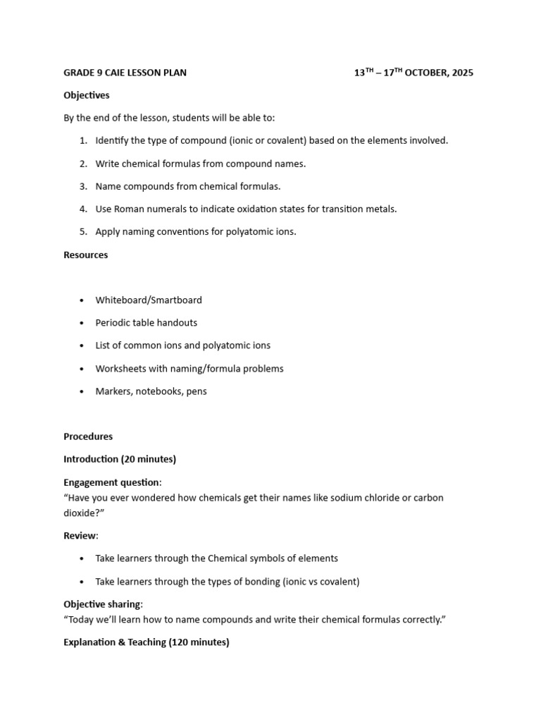 Grade 9 Chemistry Naming Compounds Lesson | PDF | Ion | Chemical Compounds