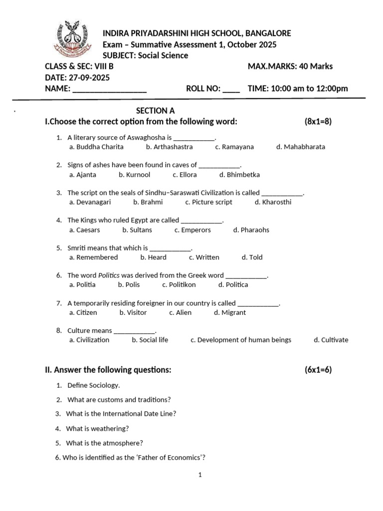 GR 8 - Social Science - SA1 - Model Question Paper - 2 - 2025 | PDF