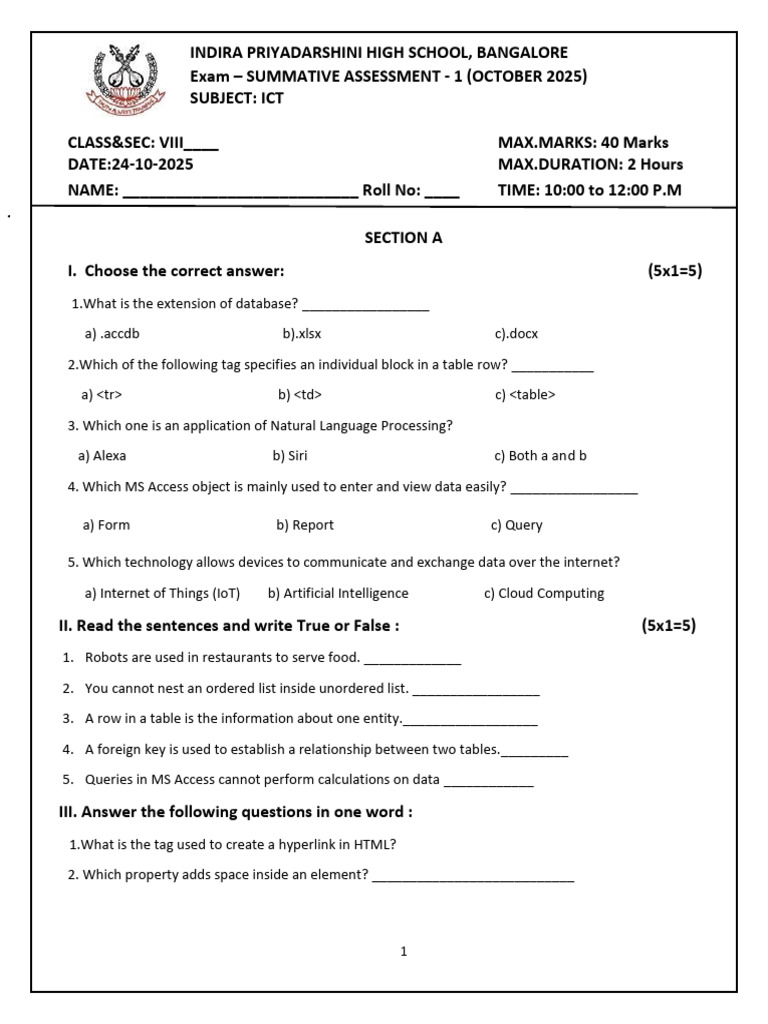 Grade 8 - Ict - Sa1 Model Qp-2 | PDF | Microsoft Access | Artificial ...