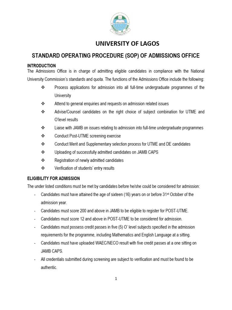 UNILAG Admissions Office SOP Guide | PDF | University And College Admission | Birth Certificate