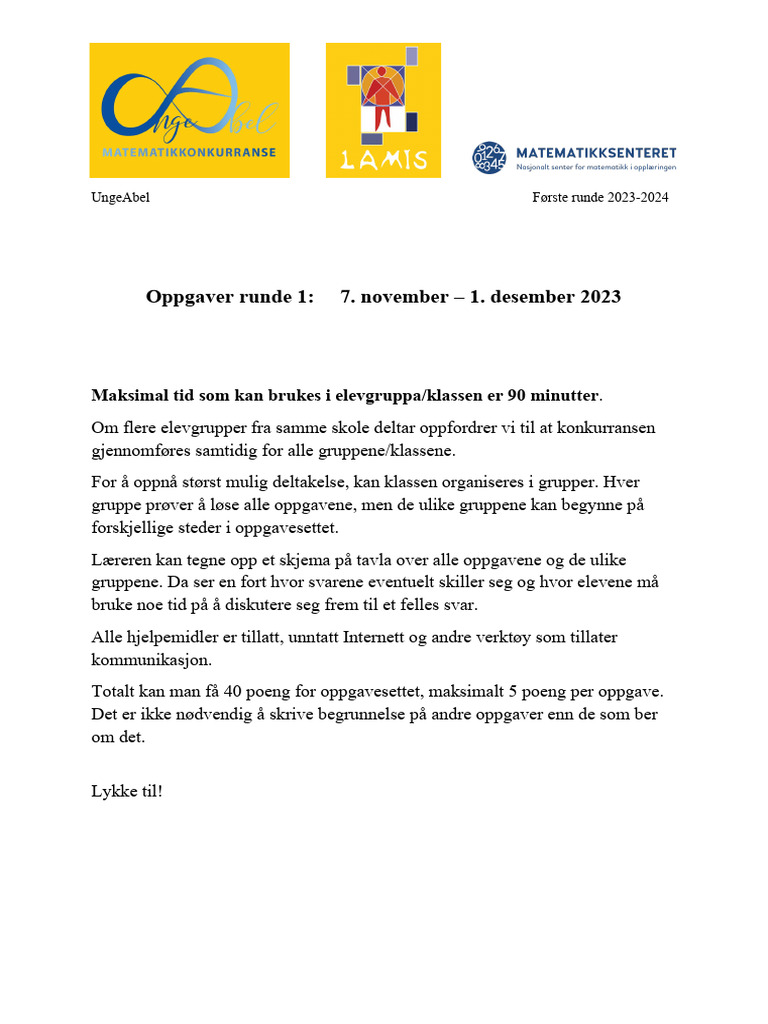 UngeAbel20232024 Runde 1 Og 2 Oppgaver Og Losninger | PDF