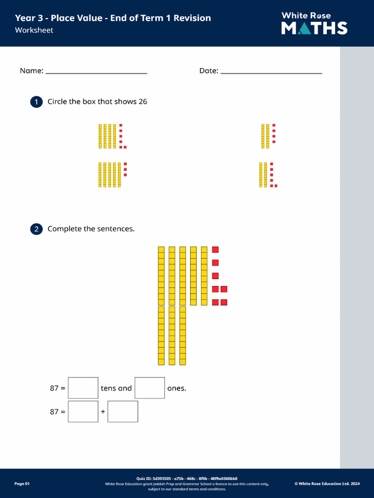 Year 3 - Place Value - End of Term 1 Revision | PDF