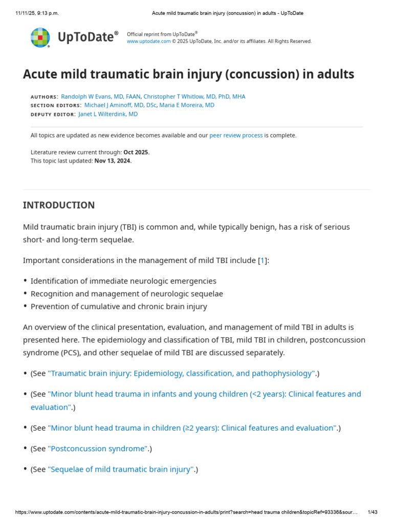 Acute Mild Traumatic Brain Injury Guide | PDF | Traumatic Brain Injury ...