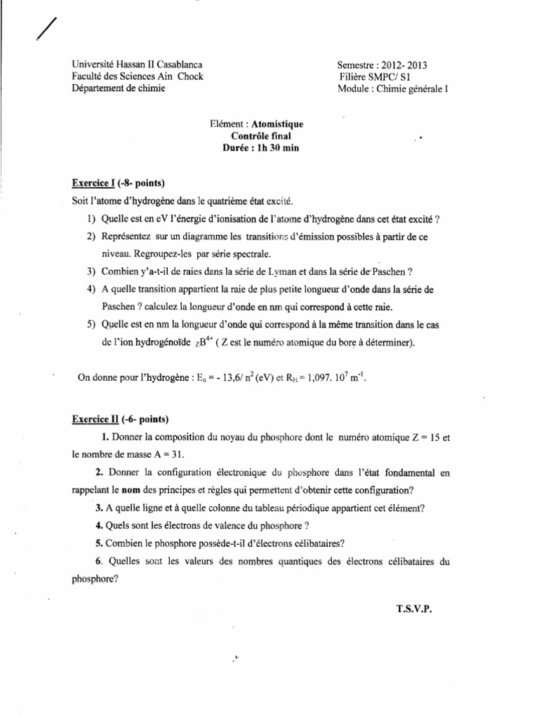 Atomistique Examen Corrige 01 | PDF