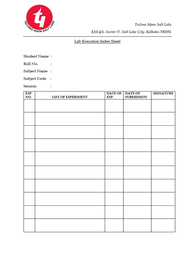 Lab Execution Index Sheet Template | PDF