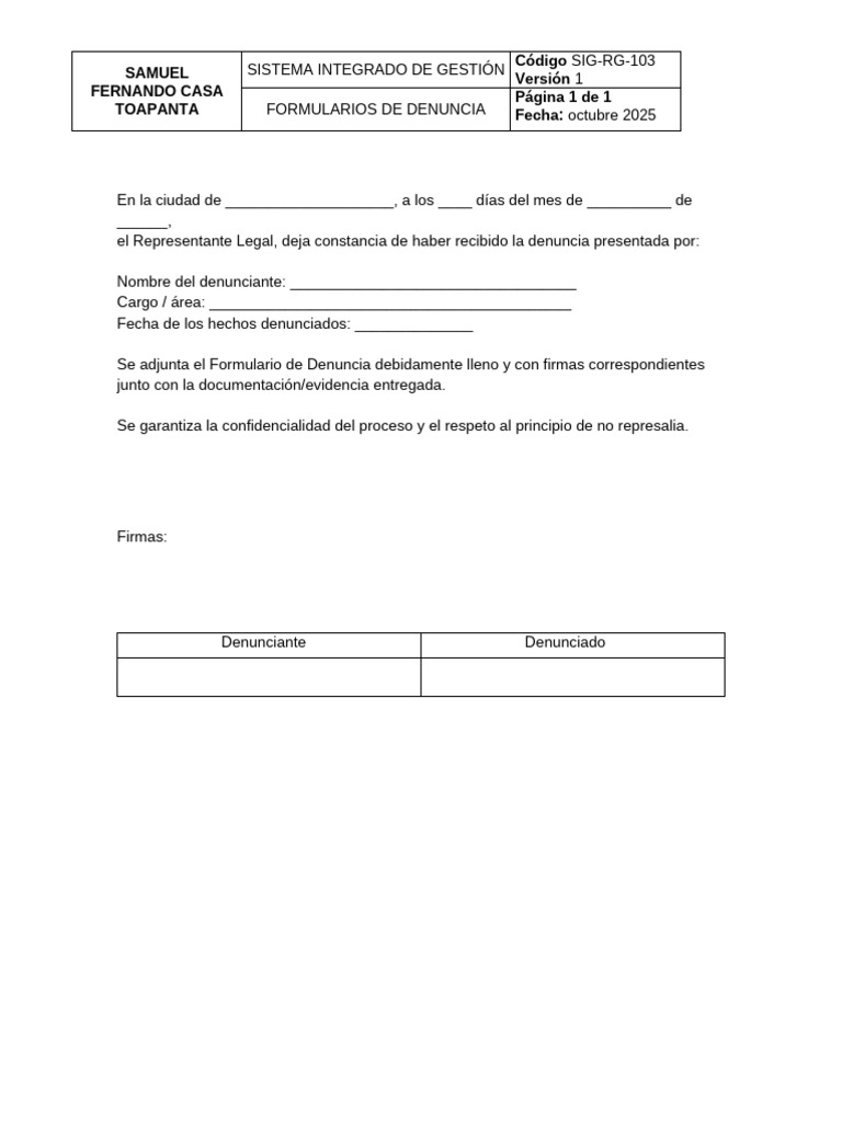 Formulario de Denuncia SIG-RG-103 | PDF