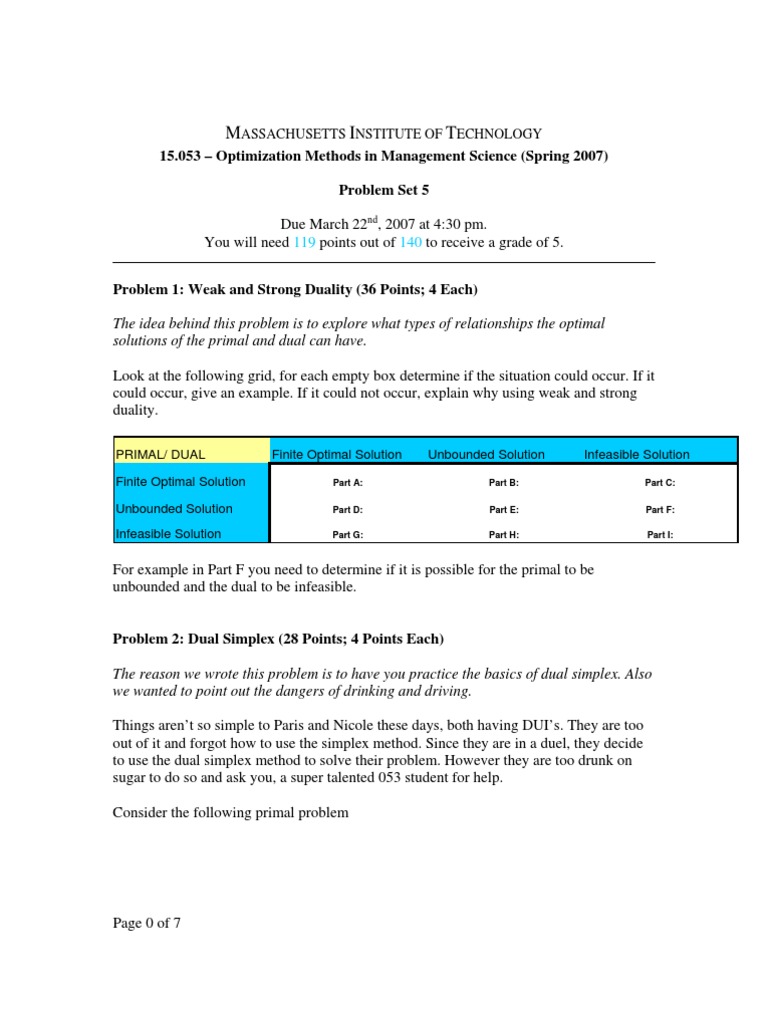15.053 - Optimization Methods in Management Science (Spring 2007) Problem Set 5 | PDF ...