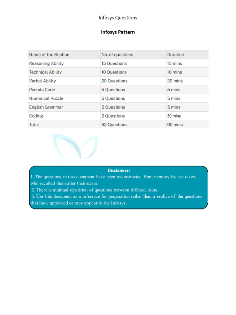 Infosys Exam Pattern Set - 02 (Without Answers) | PDF | Control Flow ...