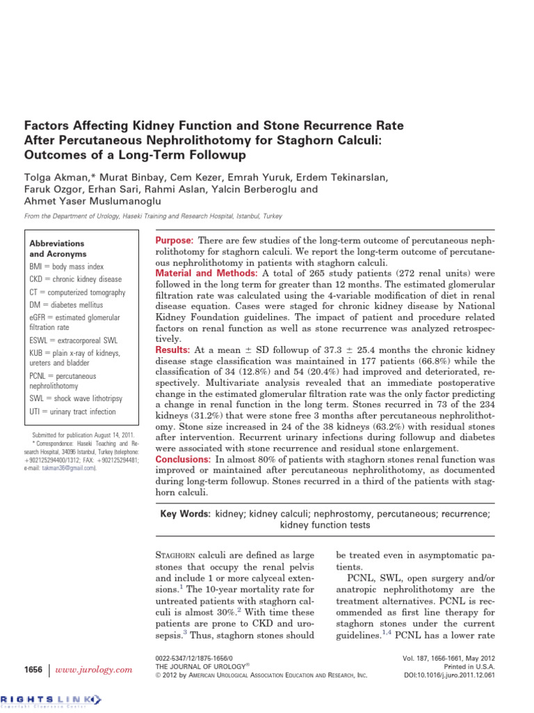 Kidney Function & Stone Recurrence Post-PCNL | PDF | Kidney | Chronic ...