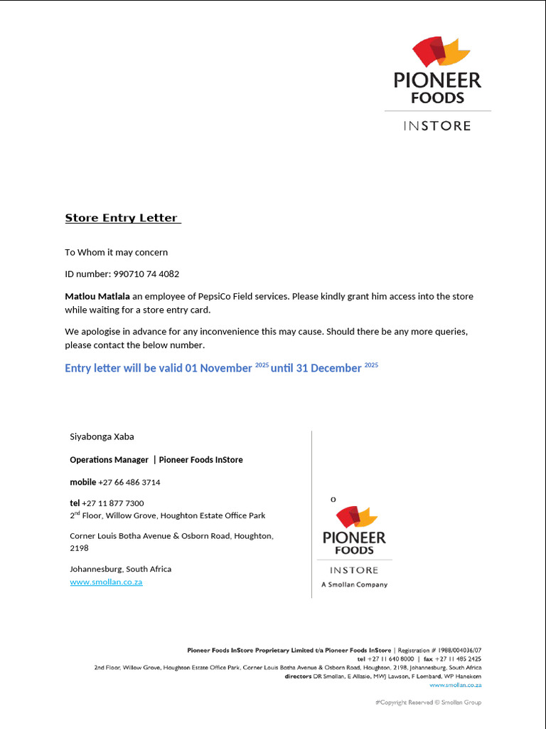 Store Entry Letter | PDF