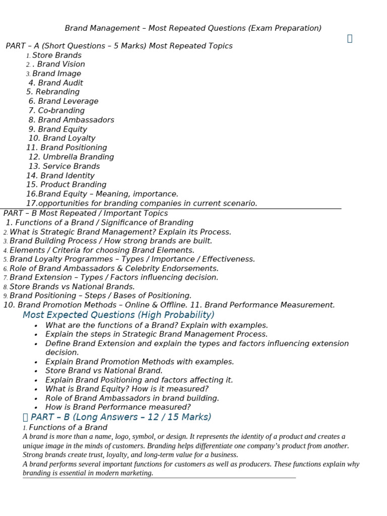 Brand Management Most Repeated Questions | PDF | Brand | Loyalty Program