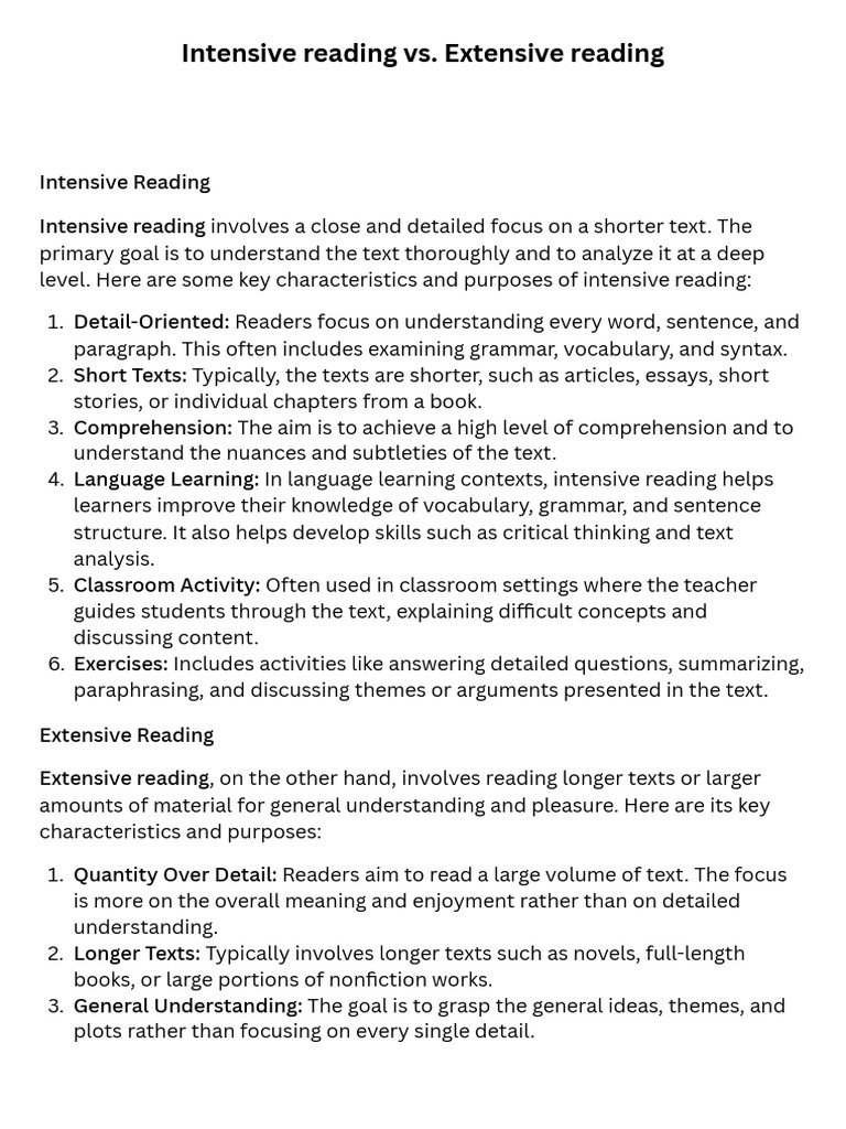Intensive Reading vs. Extensive Reading | PDF | Reading Comprehension ...